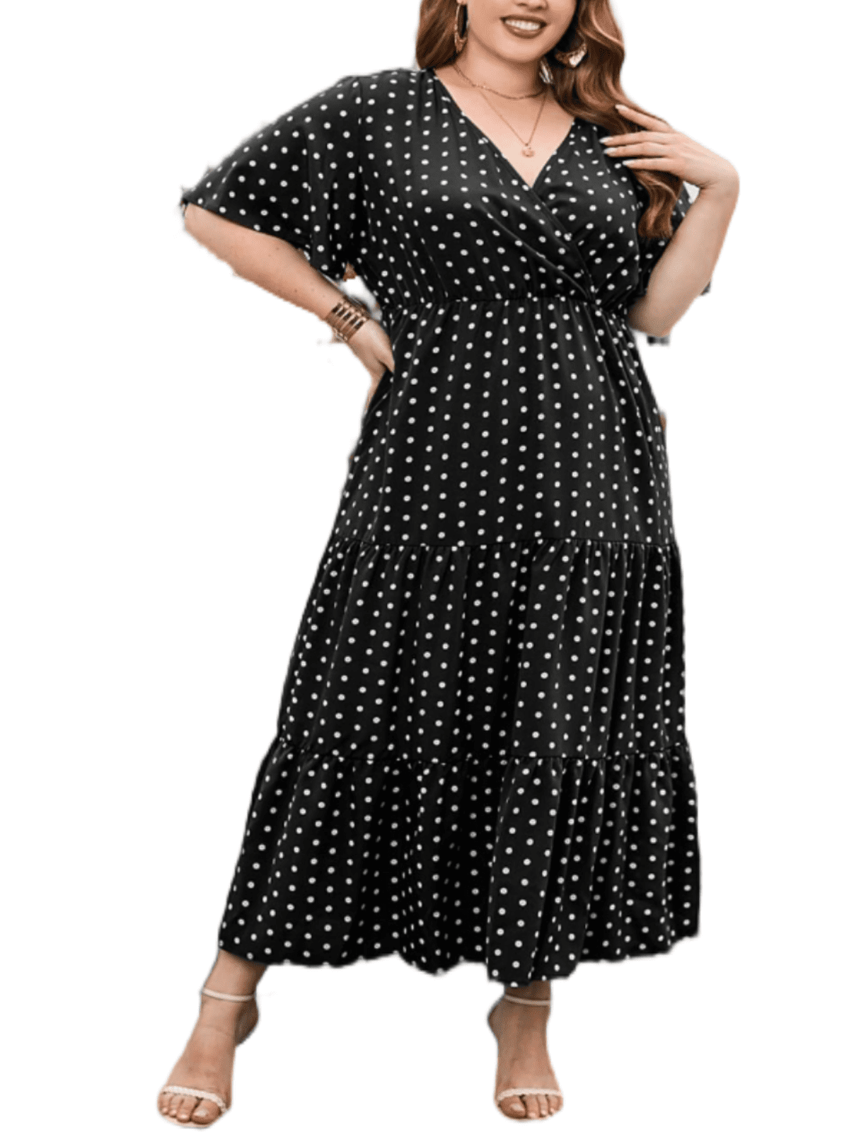 Cuteduck Plus Size Women's Polka Dot Short Sleeve Dress, V-Neck Casual ...