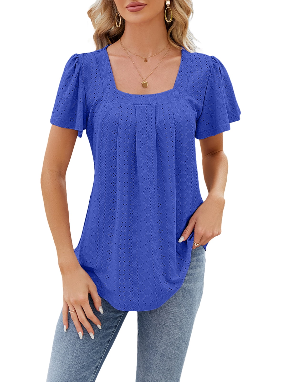 Cuteduck Tops for Women Summer Short Sleeve Tshirt Loose Pleated Blouse ...