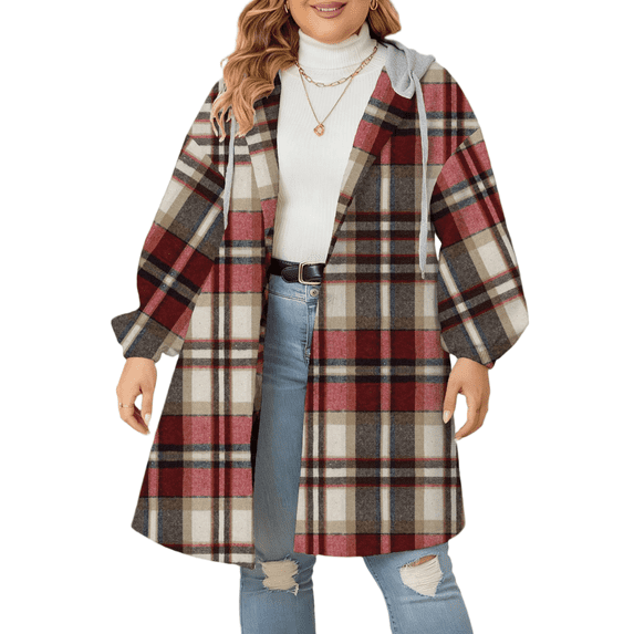Cuteduck Women Plus Size Plaid Hooded Button Up Shirt Fall Shacket Long ...