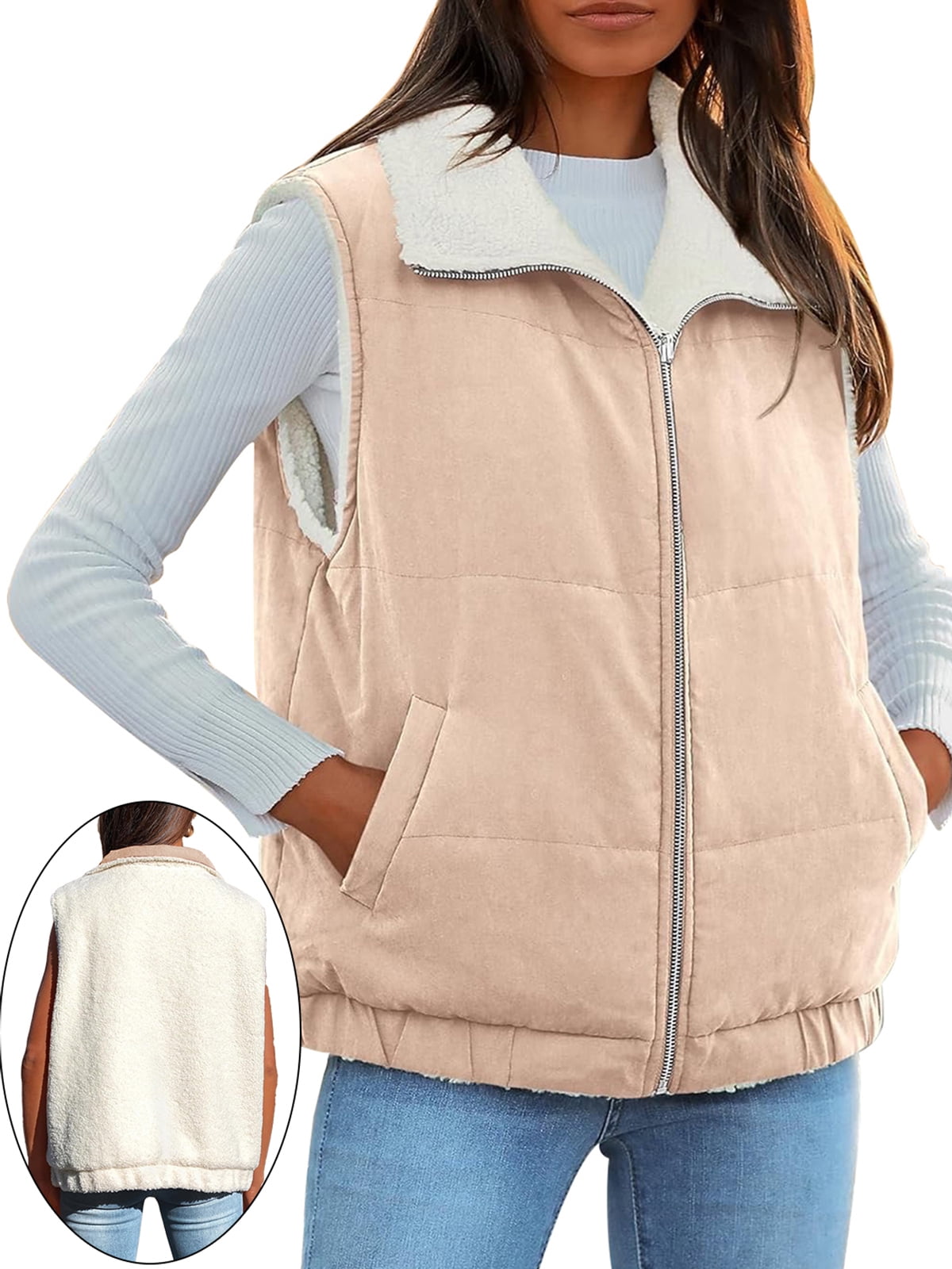 Cuteduck Women's Fleece Vest Zipper Reversible Jacket Fall Coat S-2XL ...
