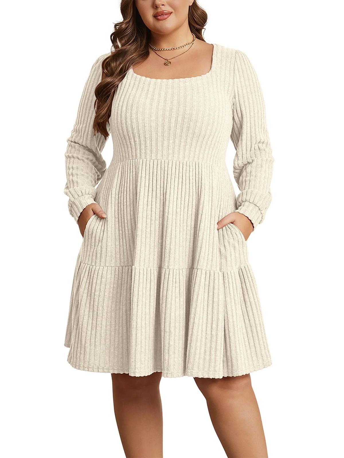 Cuteduck Women's Plus Size Fall Sweater Dress Long Sleeve Babydoll Dresses with Pocket, 1X-5X ...