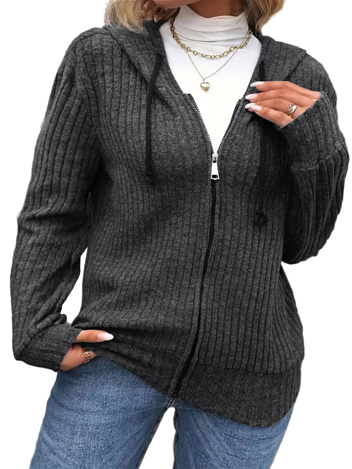 Cuteduck Women's Plus-Size Solid Color Zipper Long Sleeve Hooded Fall ...