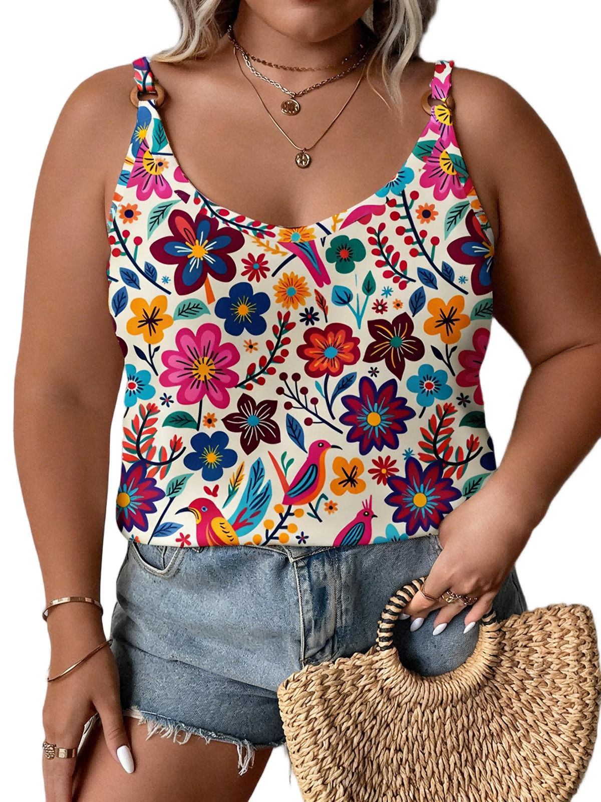 Cuteduck Women Plus Size Tank Tops Summer Loose Fit Sleeveless Floral ...