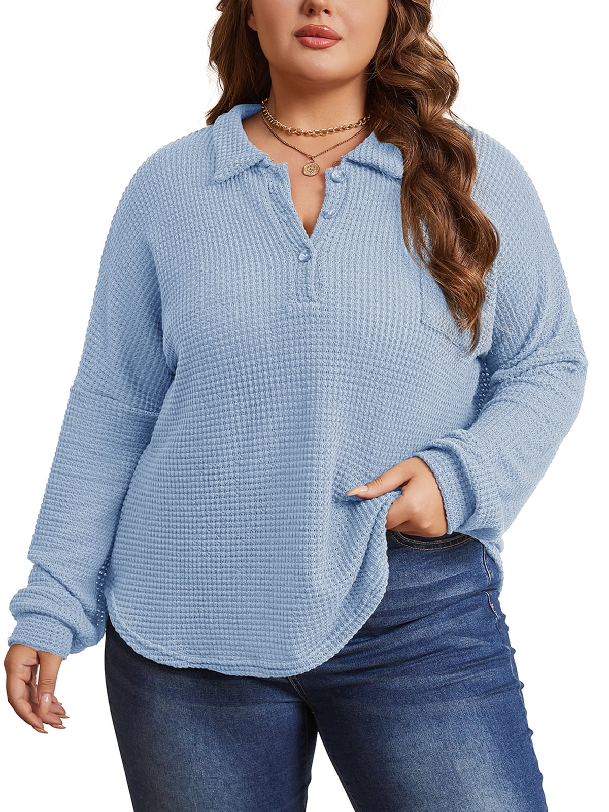 Cuteduck Women's Plus Size Waffle Knit Tops Henley Long Sleeve Fall ...