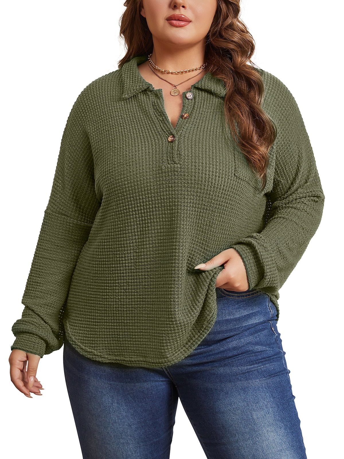 Cuteduck Women's Plus Size Waffle Knit Tops Henley Long Sleeve Fall ...