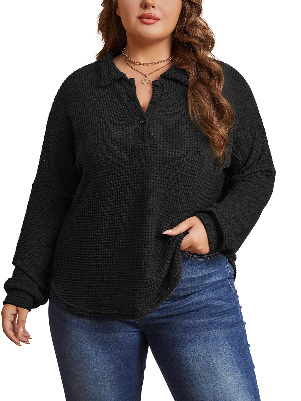 Cuteduck Women's Plus Size Waffle Knit Tops Henley Long Sleeve Fall ...