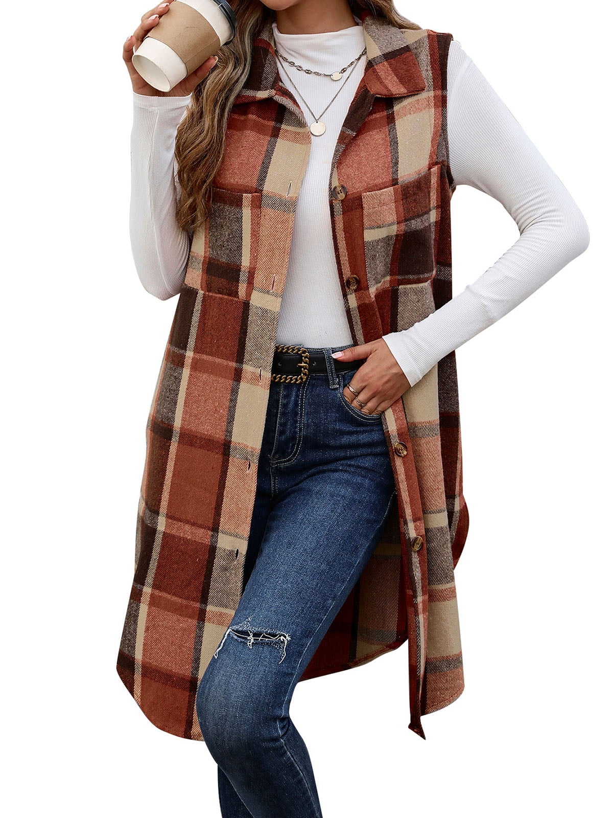 Cuteduck Women's Vest Plaid Cardigan Tops Sleeveless Long Outerwear ...
