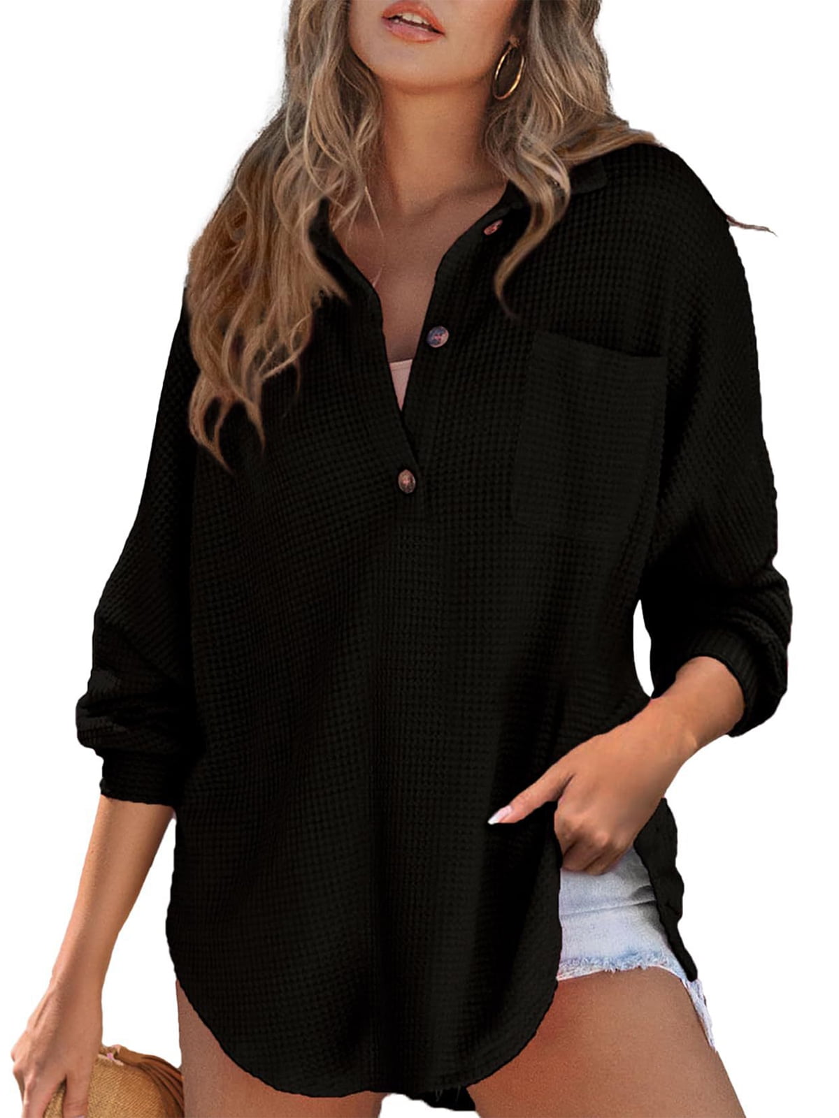 Cuteduck Women's Waffle Knit Tops Henley Casual Shirts Long Sleeve V ...