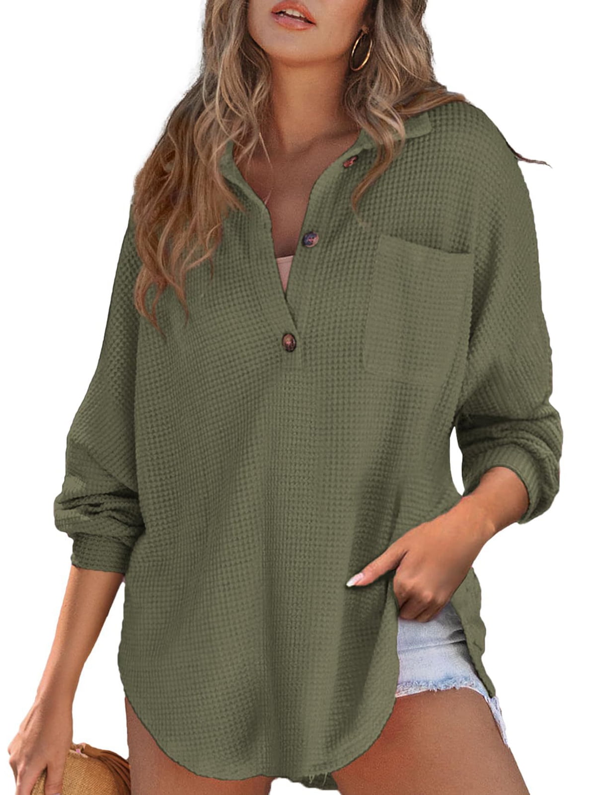 Cuteduck Women's Waffle Knit Tops Henley Casual Shirts Long Sleeve V Neck Solid Color Casual ...
