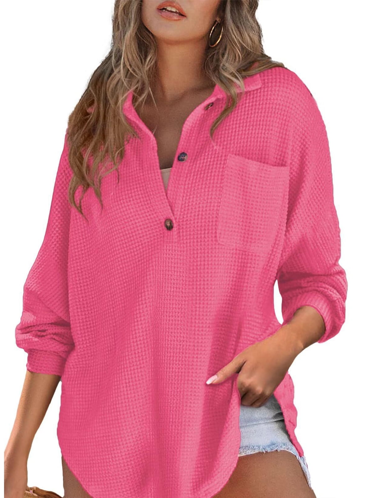 Cuteduck Women's Waffle Knit Tops Henley Casual Shirts Long Sleeve V ...