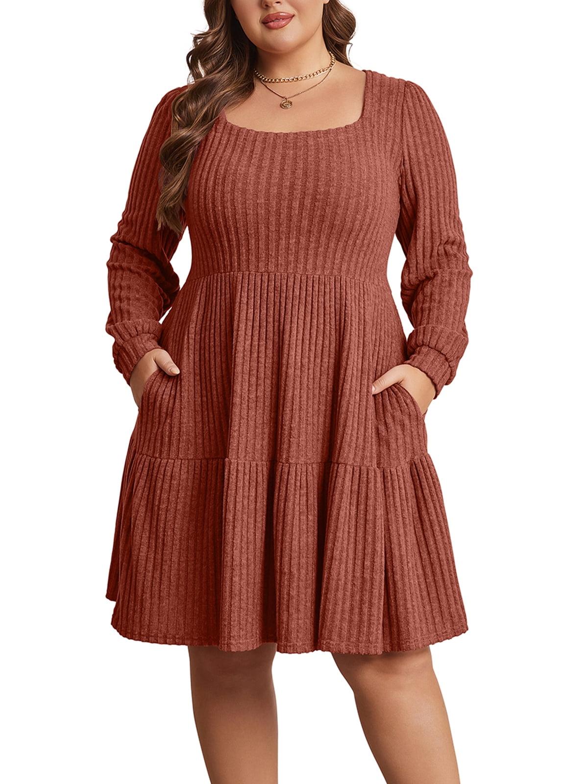 Cuteduck Women's Plus Size Fall Sweater Dress Long Sleeve Babydoll Dresses with Pocket, 1X-5X ...