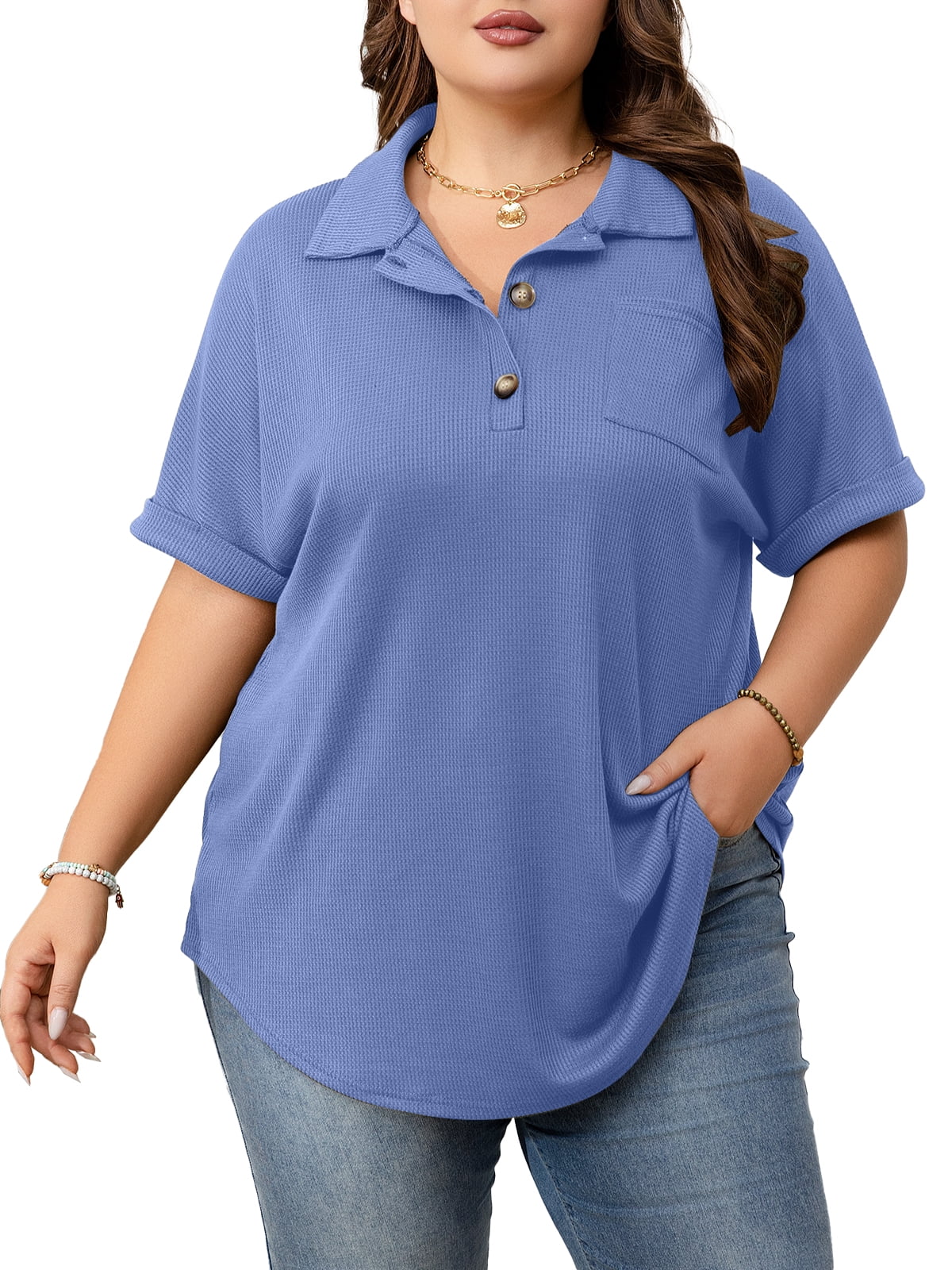 Cuteduck Womens Plus Size Casual Henley Waffle Knit Button-Up Top Short ...