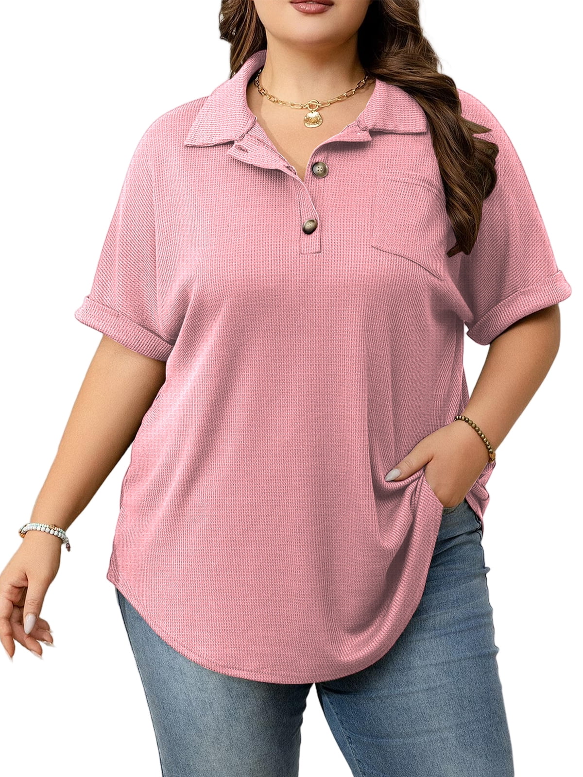Cuteduck Womens Plus Size Casual Henley Waffle Knit Button-Up Top Short ...