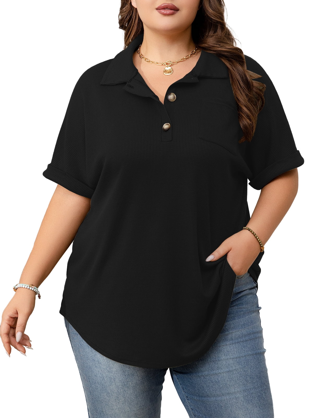 Cuteduck Womens Plus Size Casual Henley Waffle Knit Button-Up Top Short ...