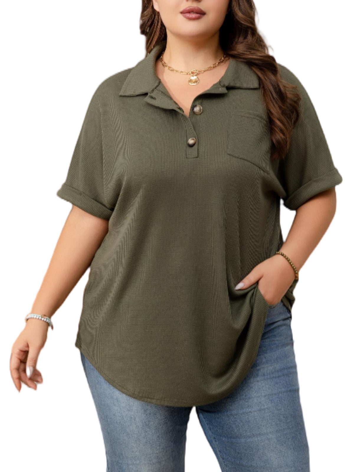 Cuteduck Womens Plus Size Casual Henley Waffle Knit Button-Up Top Short ...