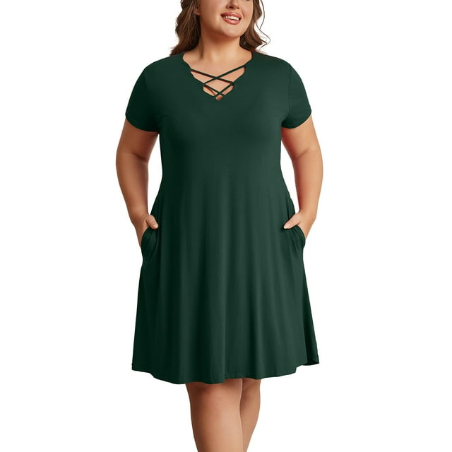 Cuteduck Womens Plus Size Dress Criss Cross V Neck Short Sleeve Summer ...