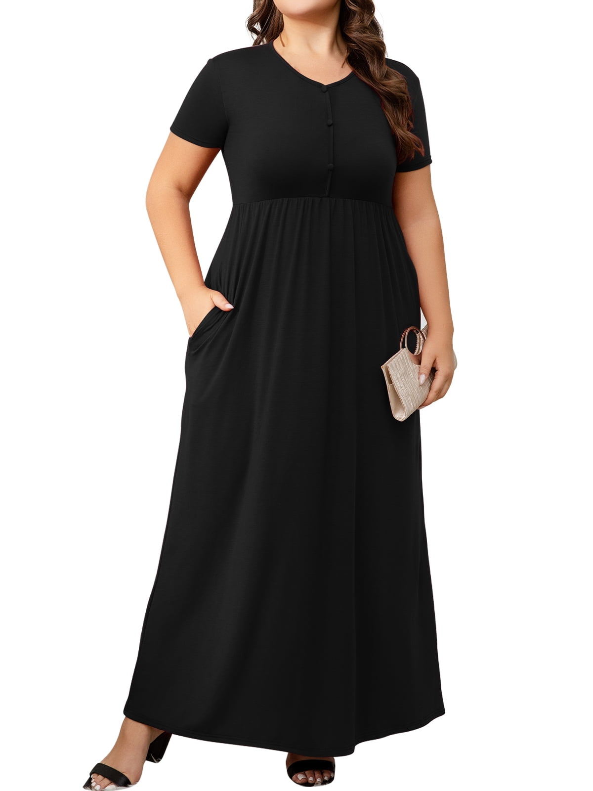 Cuteduck Womens Plus Size Maxi Dress Short Sleeve Floral Print Empire ...