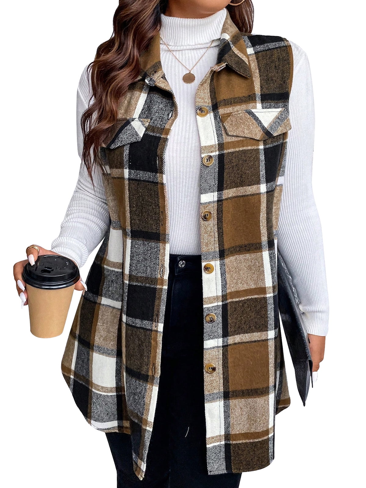 Cuteduck Womens Plus Size Sleeveless Plaid Vest Wool Blazer Jackets ...