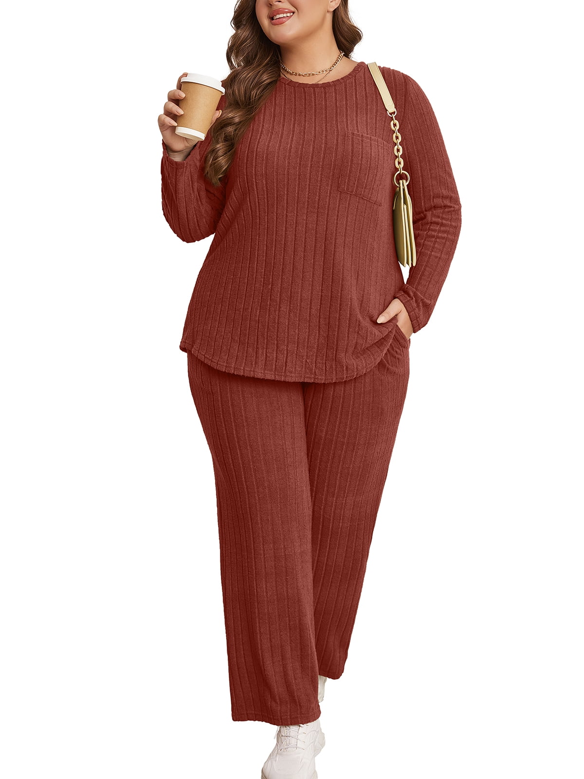 Cuteduck Womens Plus Size Two Piece Lounge Sets Long Sleeve Wide Leg ...