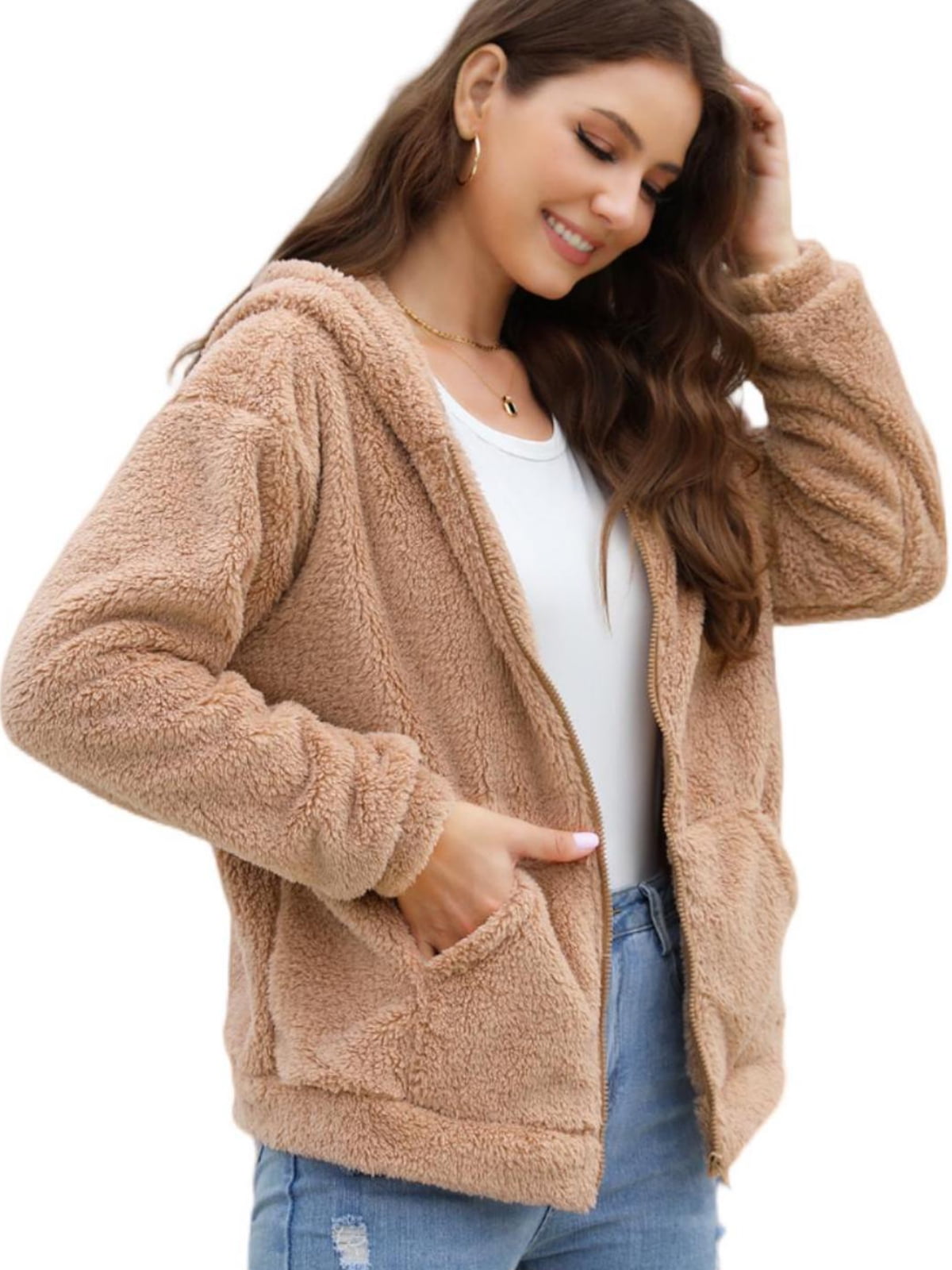 Cuteduck Womens Sherpa Jacket Fuzzy Fleece Zip Up Winter Hoodies Coat ...