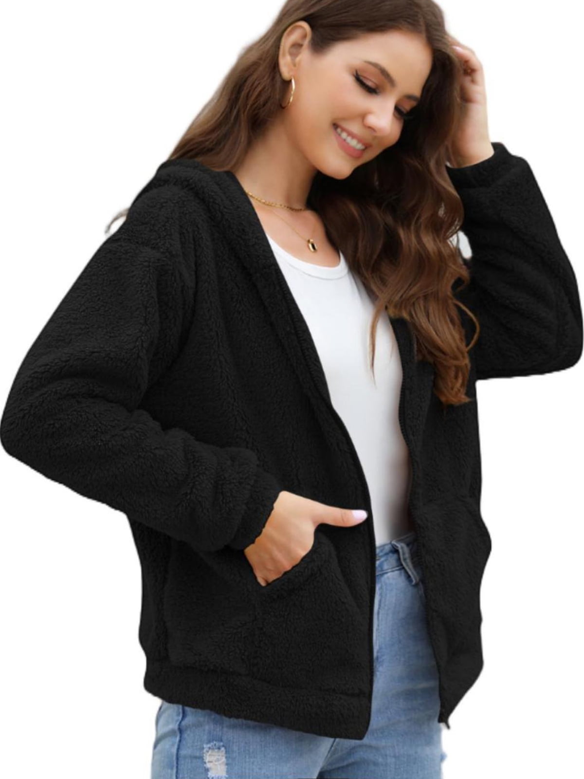 Cuteduck Womens Sherpa Jacket Fuzzy Fleece Zip Up Winter Hoodies Coat ...