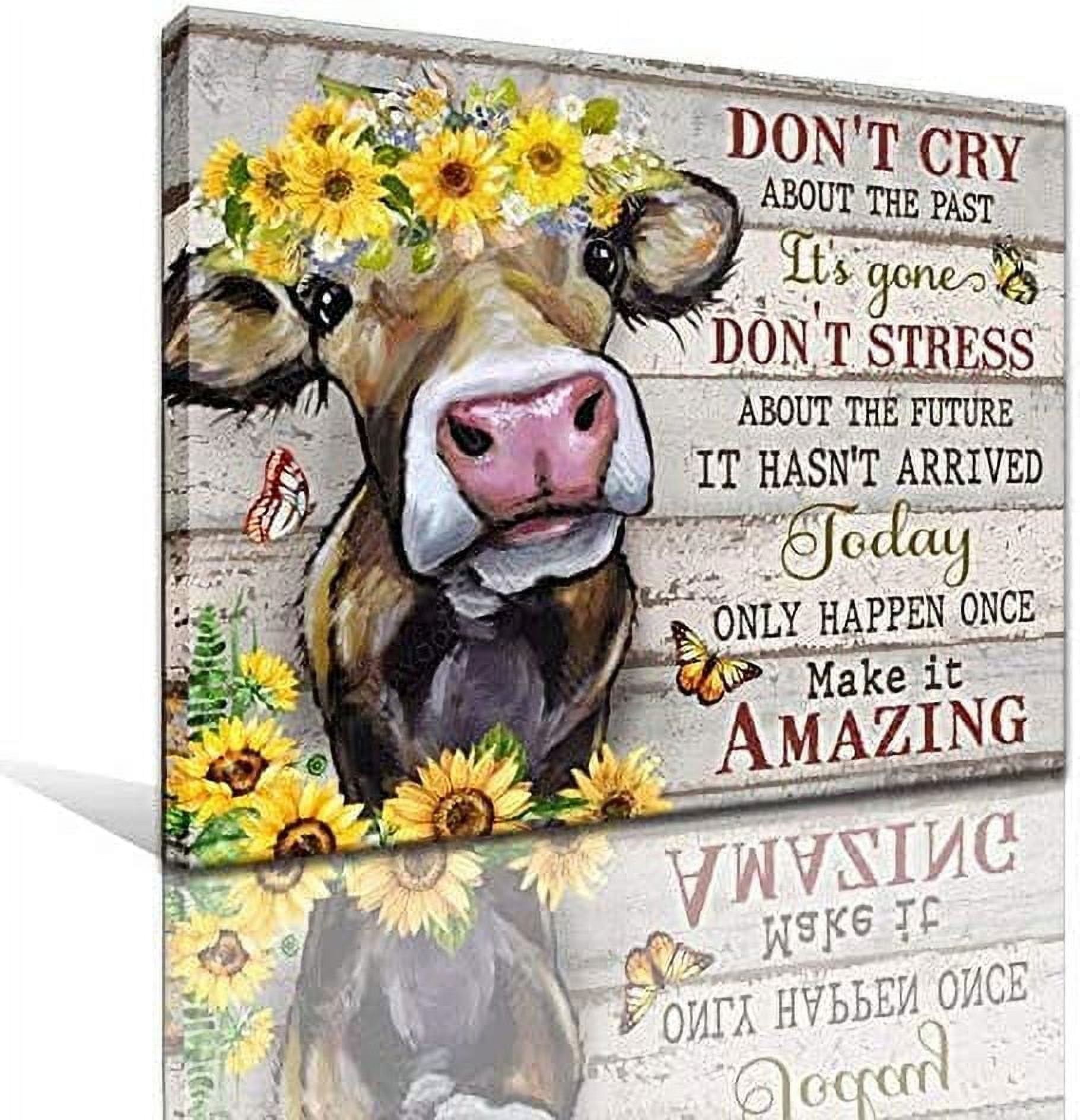 Cutest Cow Canvas Prints Country Wall Art Painitng Cow with Sunfulower ...