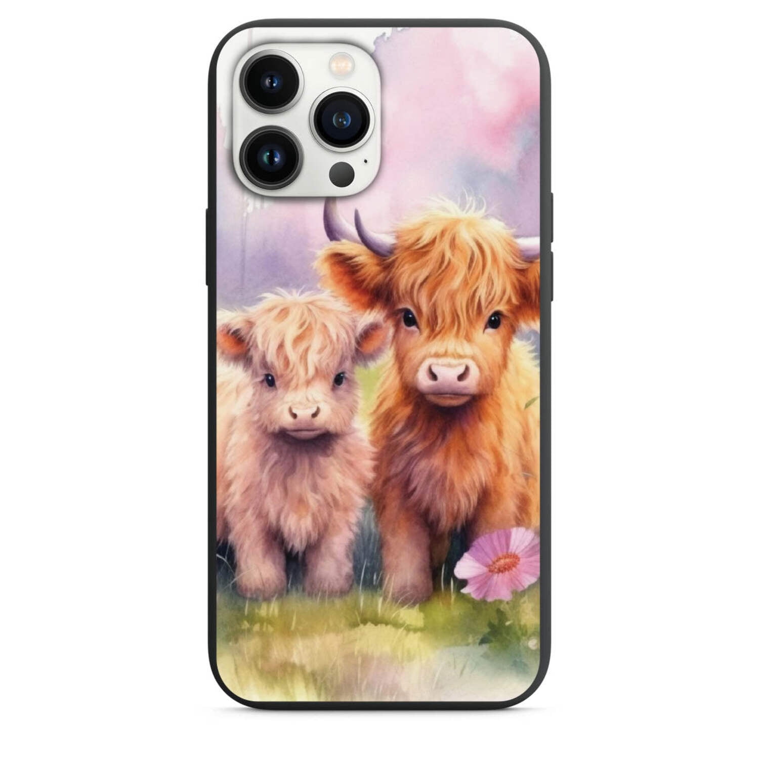 Cutest Little Baby Highland Cows on grass with Purple Flower Water ...