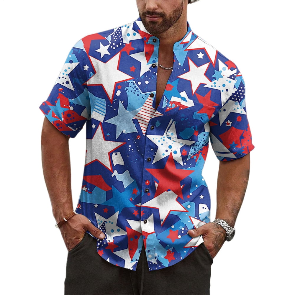 Cutever American Flag Hawaiian Shirt Star Print Band Collar Hawaiian US ...