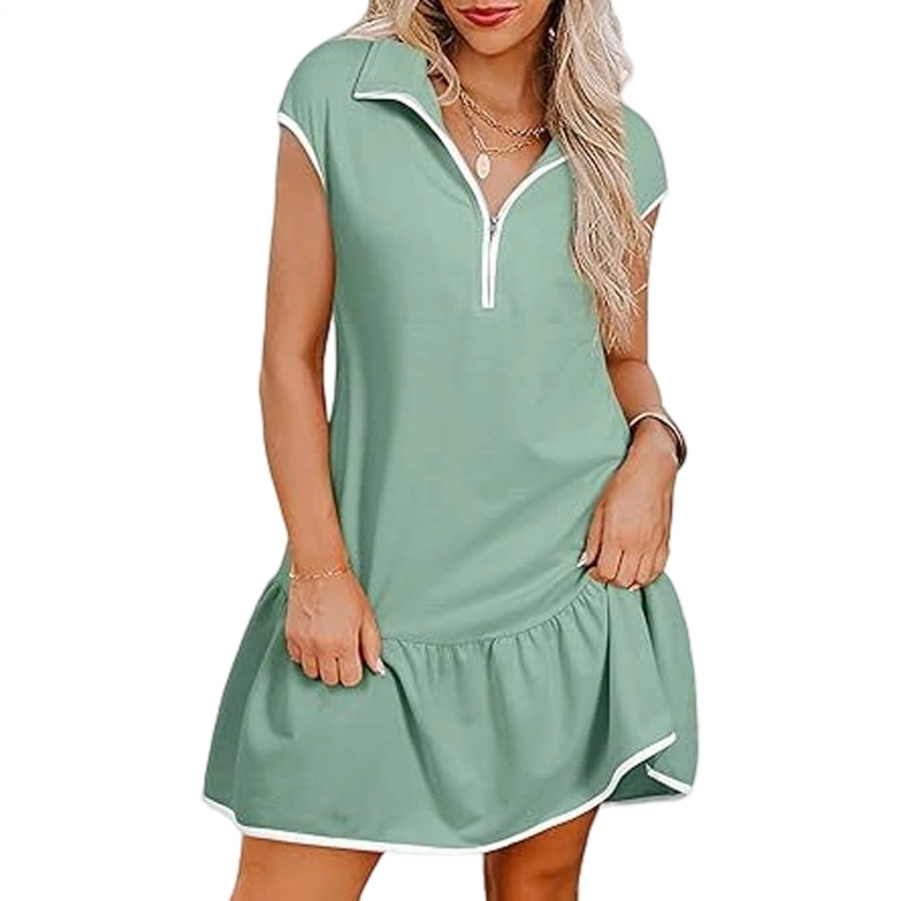 Cutever Cap Sleeve Short Half Zip Dress Color Block Cap Sleeve Lapel ...