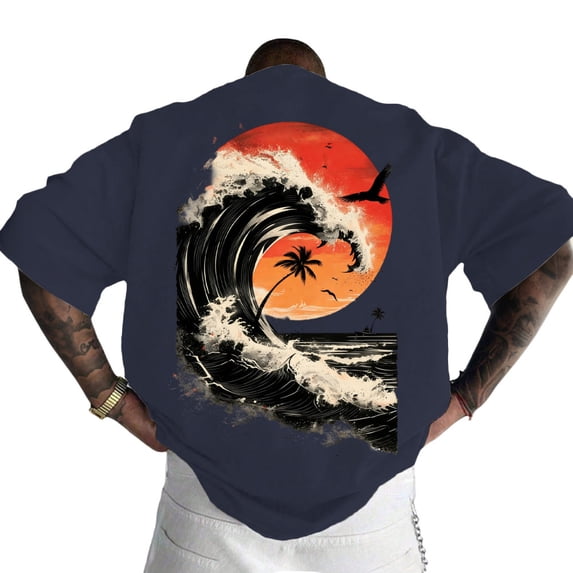 Cutever Japanese Shirts for Men Wave Sunset Print Short Sleeve Crew ...