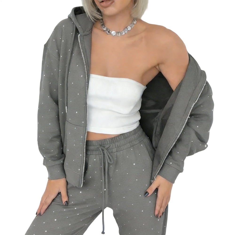 Cutever Matching Sweat Sets for Women 2 Piece Rhinestone Lounge Zip Up ...