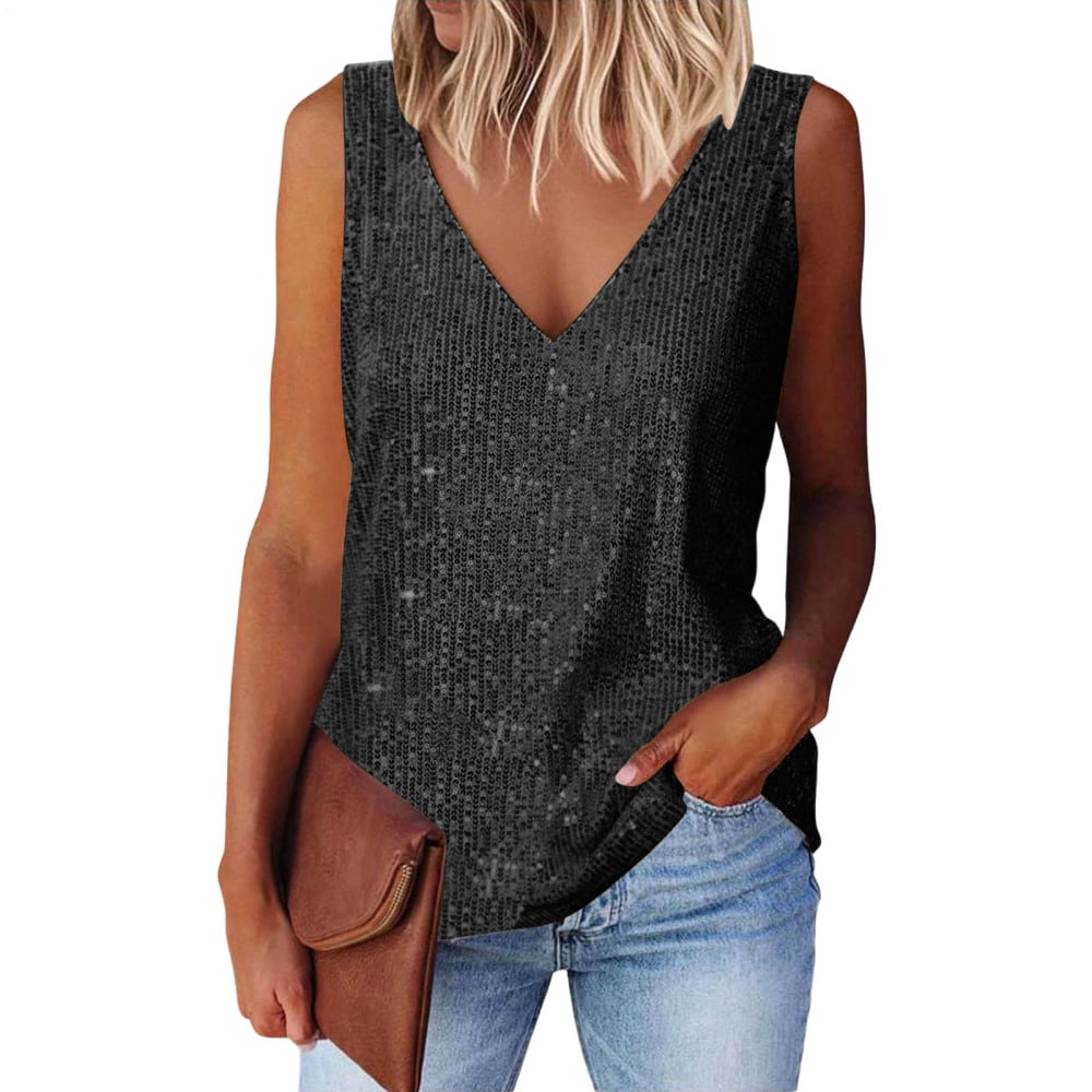 Cutever Sequin Tank Tops for Women V Neck Sexy Summer Vests Shiny Party ...
