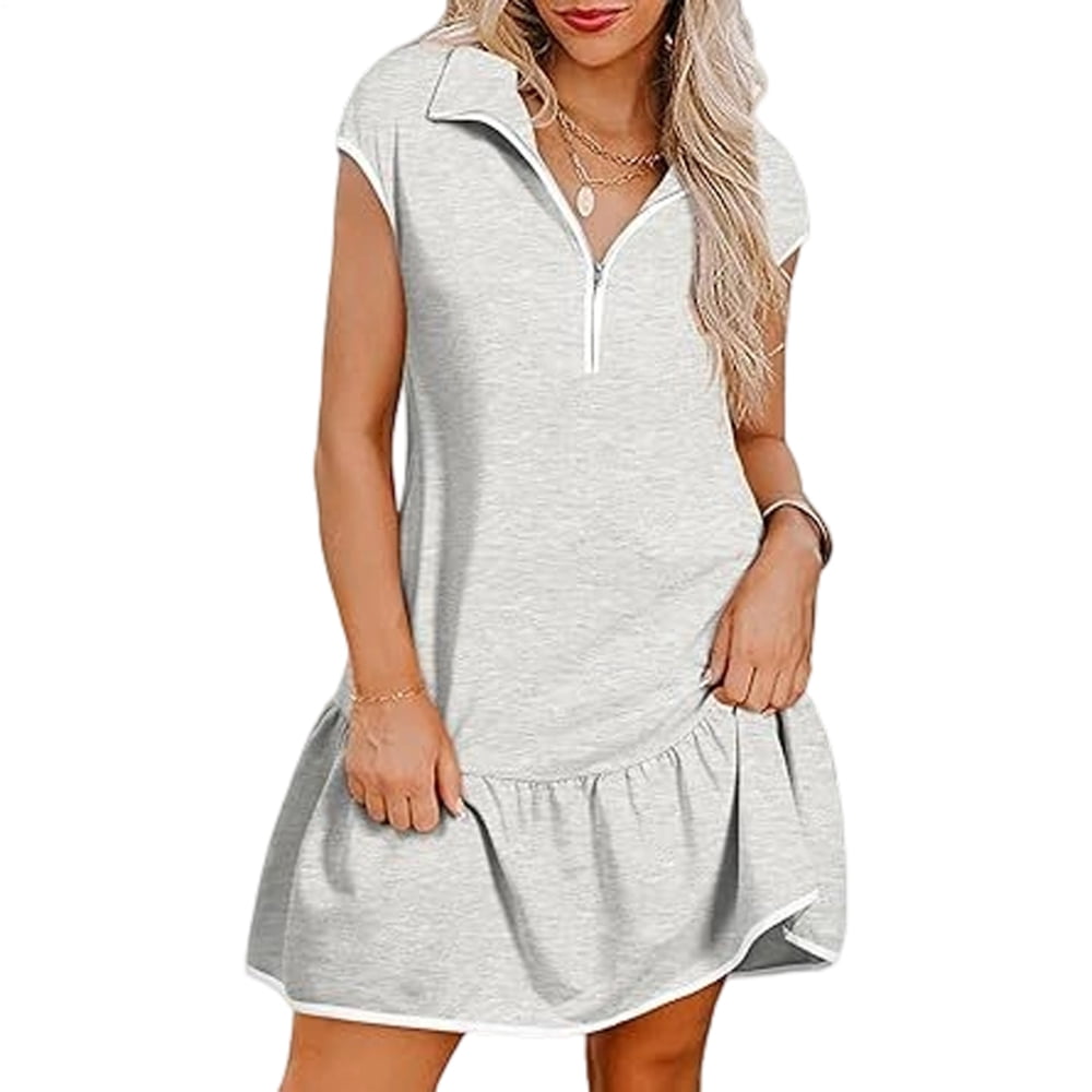 Cutever Short Sleeve Half Zip Dress Color Block Cap Sleeve Lapel Short ...