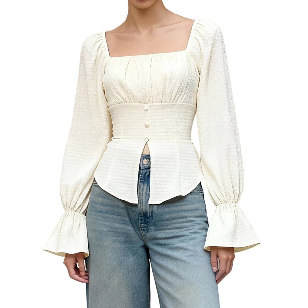 Cutever Square Neck Long Sleeve Tops for Women Front Split Cute Lantern ...