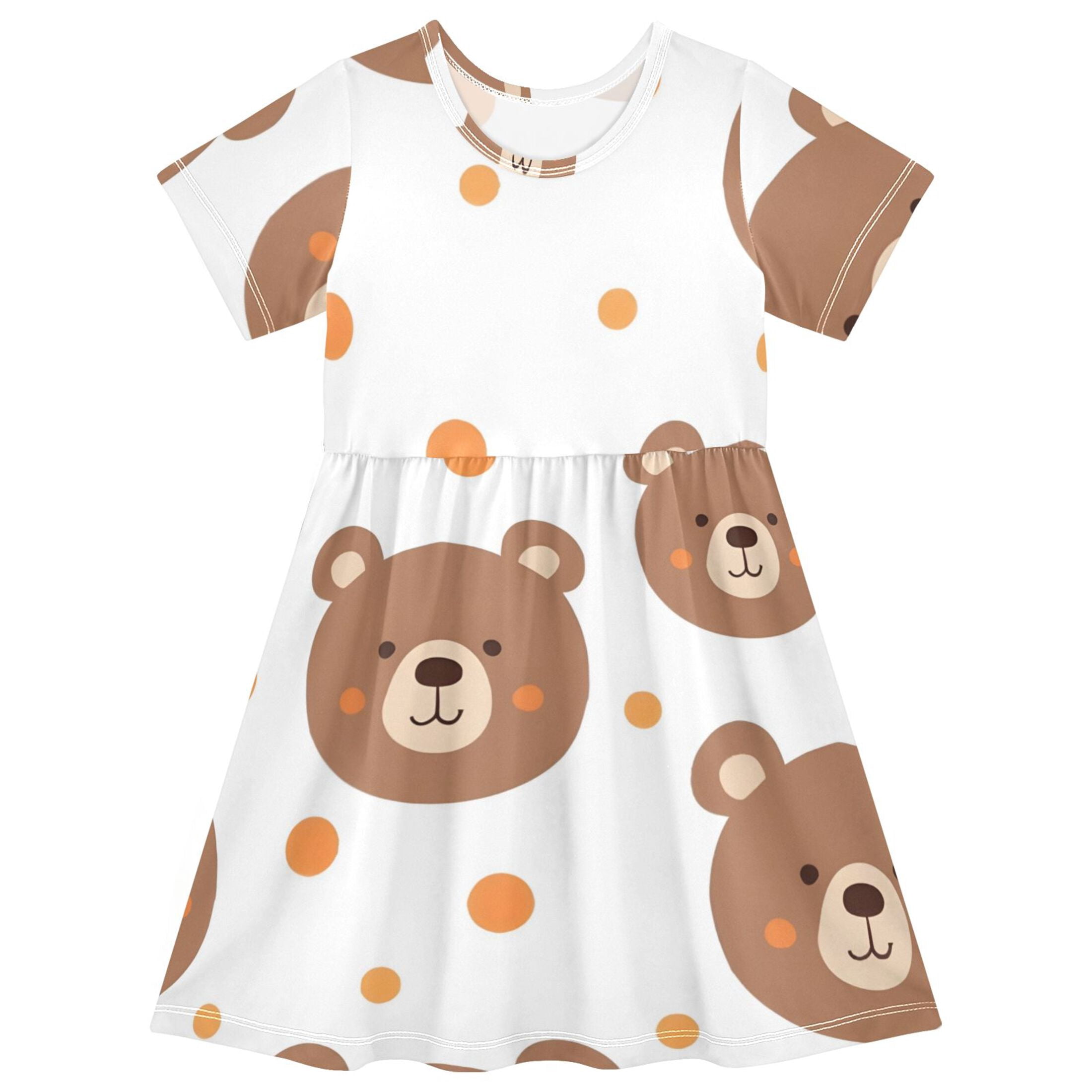 Cutie Cartoon Bears Orange Dots Girls' Short Sleeve Dress A-Line One ...