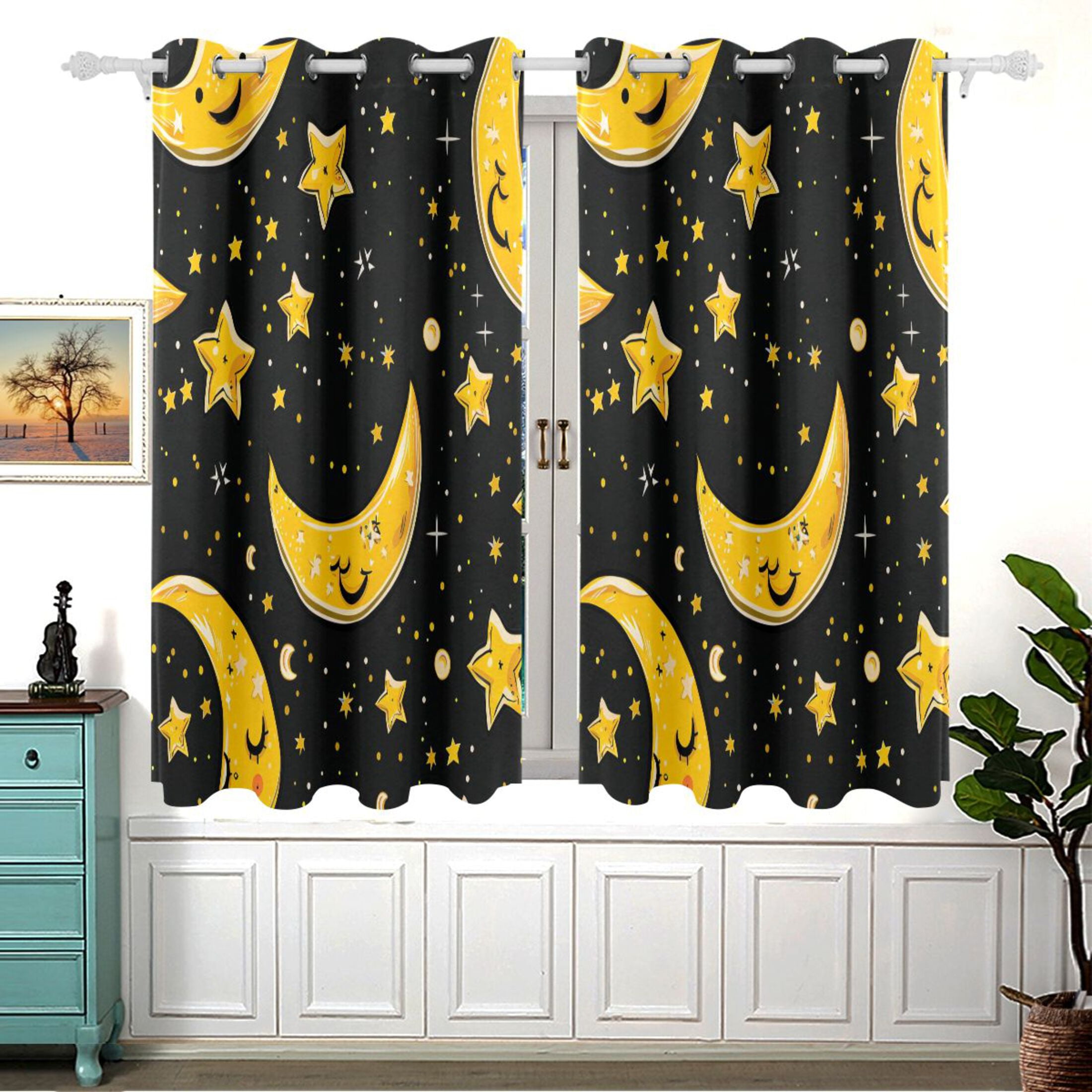 Cutie Moons Stars Curtains Drapes with Grommets 2 Panels 54" x 55 ...