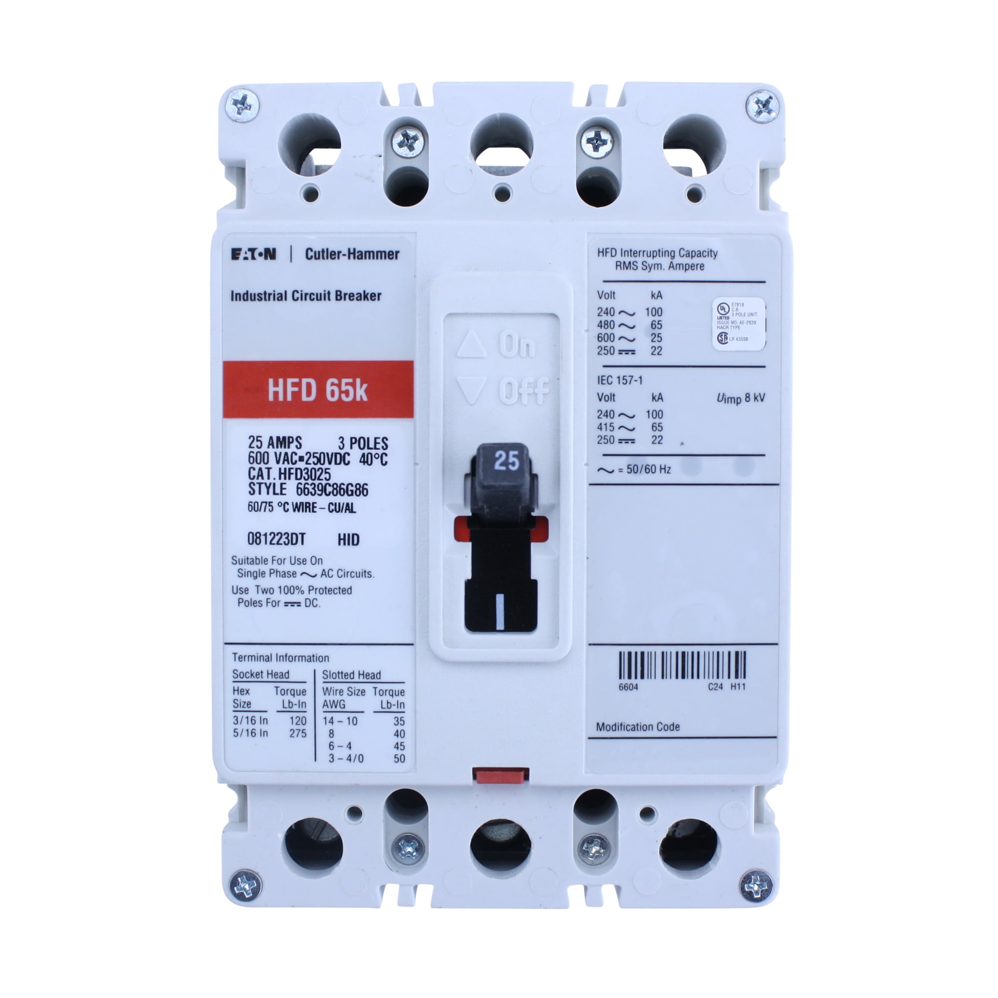 Cutler-Hammer HFD3025BP10 Circuit Breaker Red HFD HFD3025 25Amp ...
