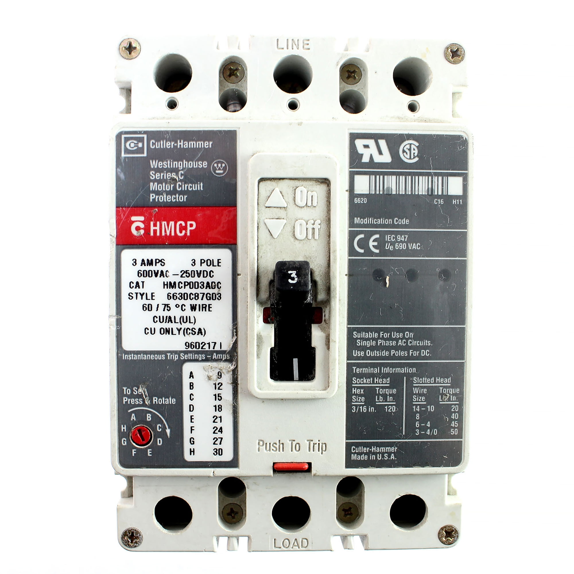 Cutler Hammer HMCP003ADC Circuit Breaker HMCP Frame, 3-Pole, 3A, 250VDC ...