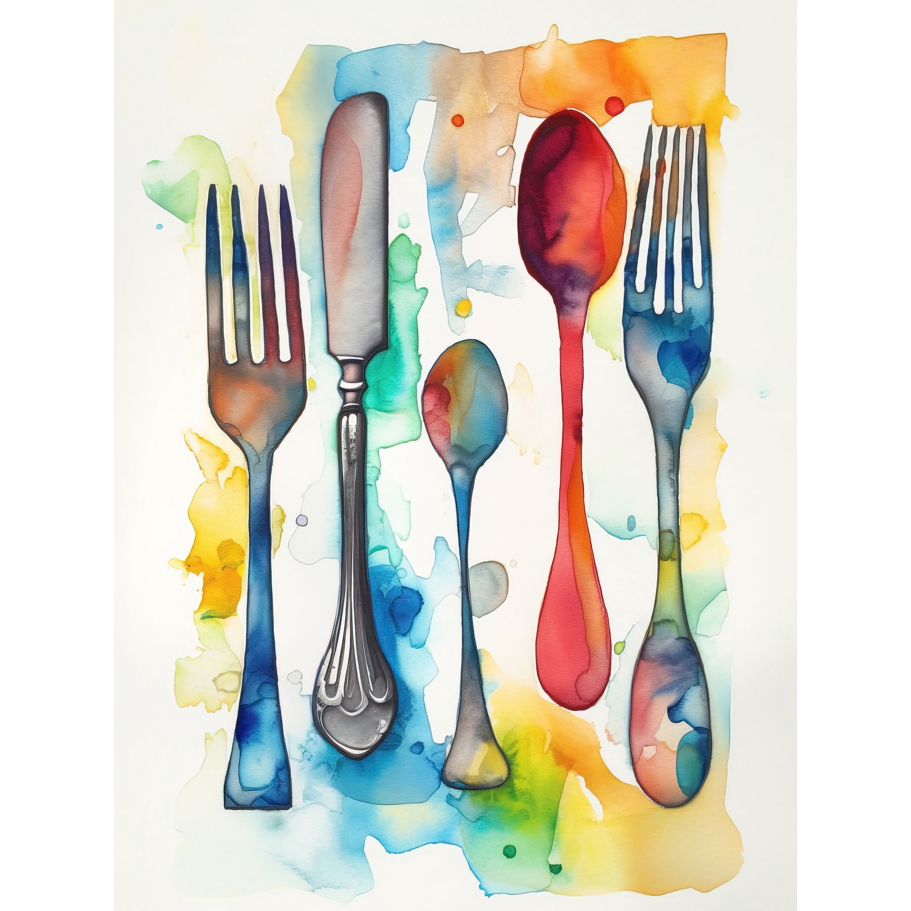 Cutlery Forks Spoons and Knife Watercolour Painting Extra Large XL Wall ...