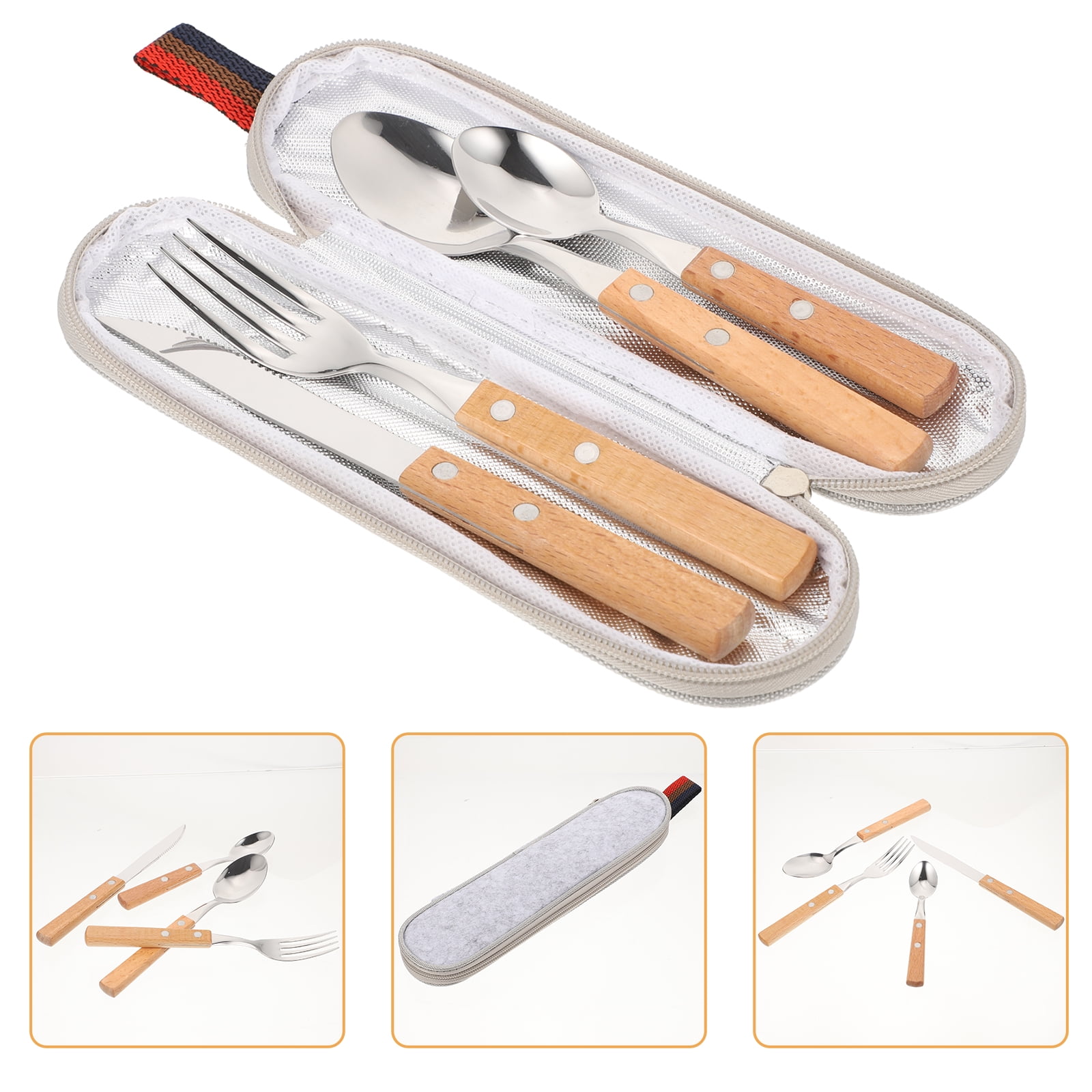 Cutlery Spoon Set Wooden Handle Fork Silverware Travel Utensils with ...