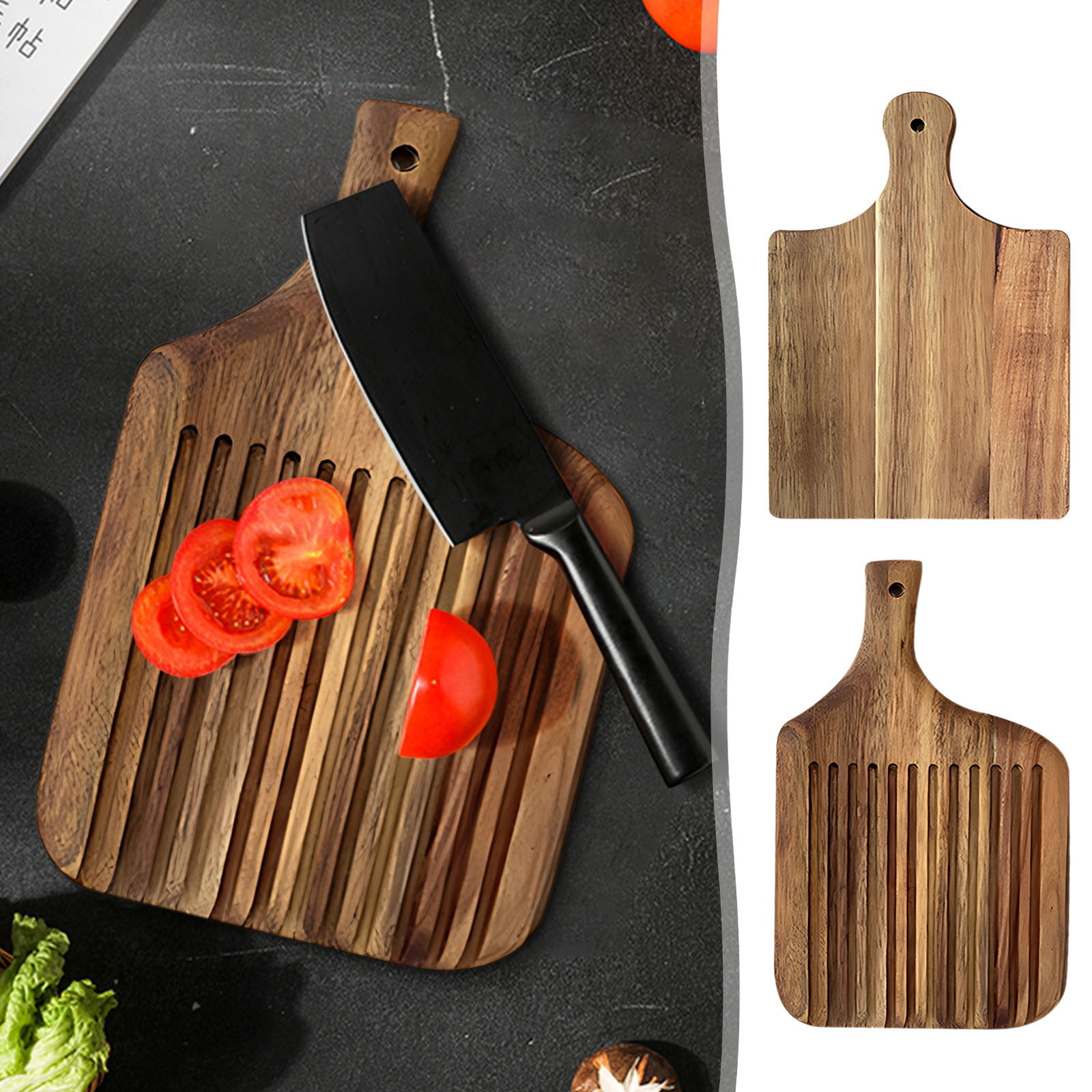 Cutting Board, Acacia Solid Wood Kitchen Block with Ergonomic Handle ...