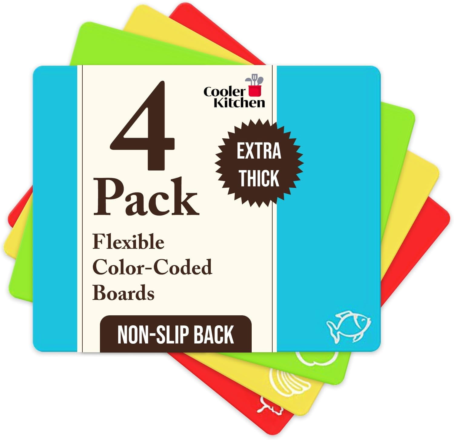 Cooler Kitchen Non-Slippery 4 Piece EZ-Grip Flexible Coded Cooking Chop ...