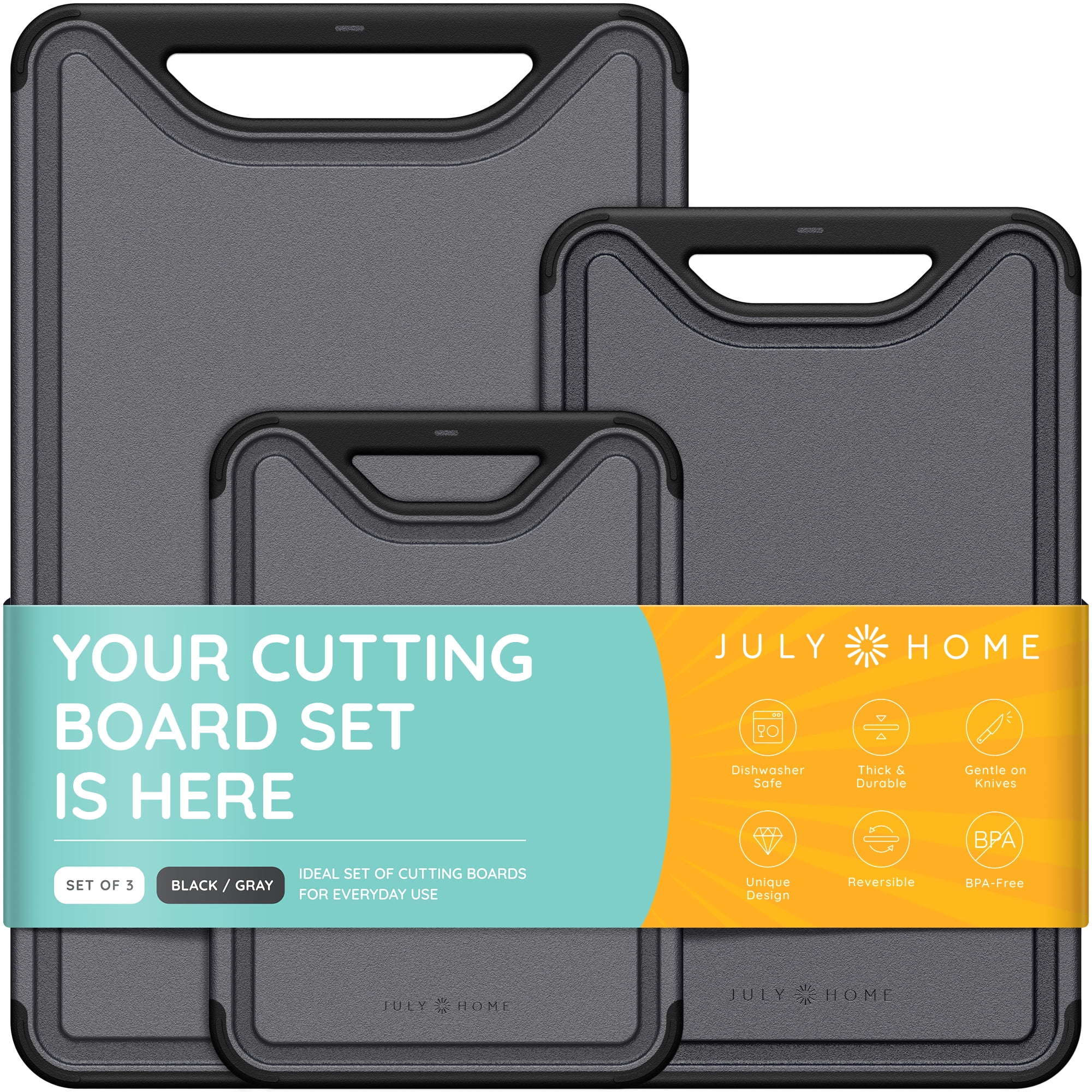 July Home Plastic Cutting Board Set of 3, Non-Slip, Juice Grooves ...