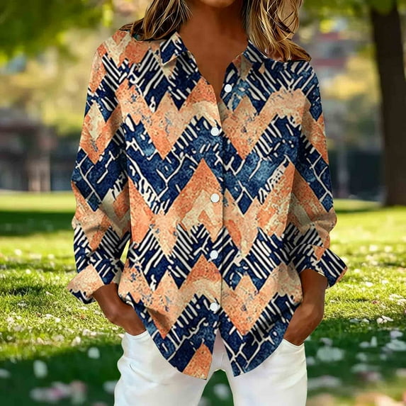 Cutuoiiu Button Down Shirts for Women Daily Printed Lapel Loose Casual ...