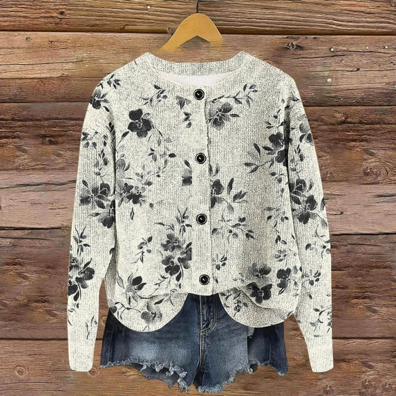 Cutuoiiu Cardigans for Women Button Front Round Neck Long Sleeve Casual ...