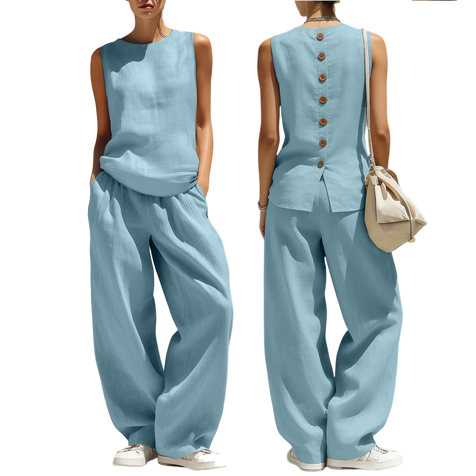 Cutuoiiu Casual Vacation Outfits for Summer Solid Color Round Neck ...