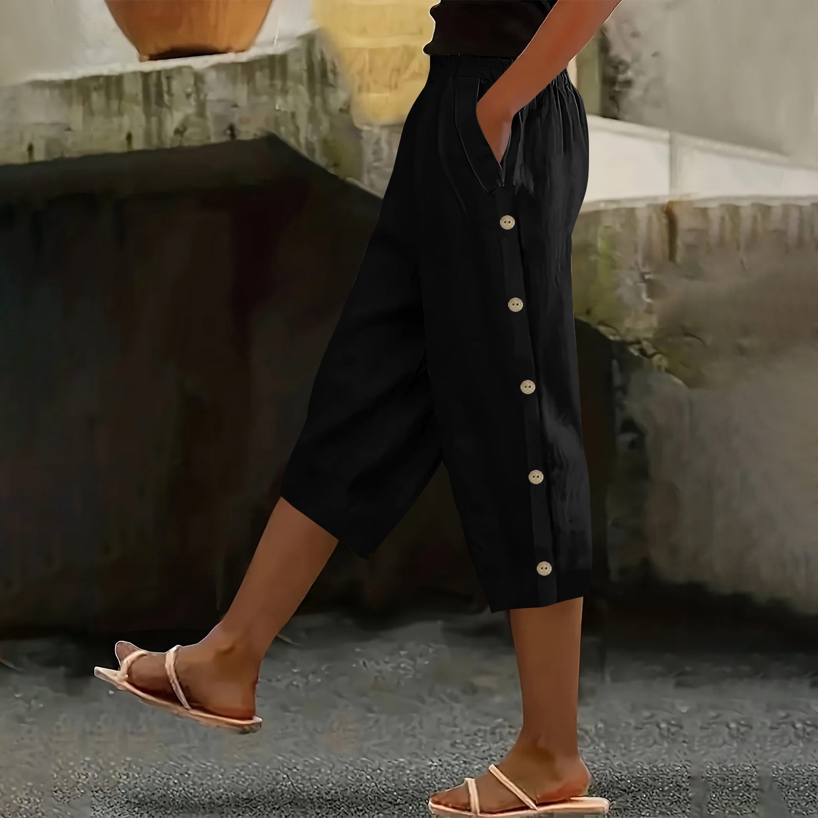 Cutuoiiu Ladies 7/8 Length Pants Solid Color Elastic Waist Side Pockets ...