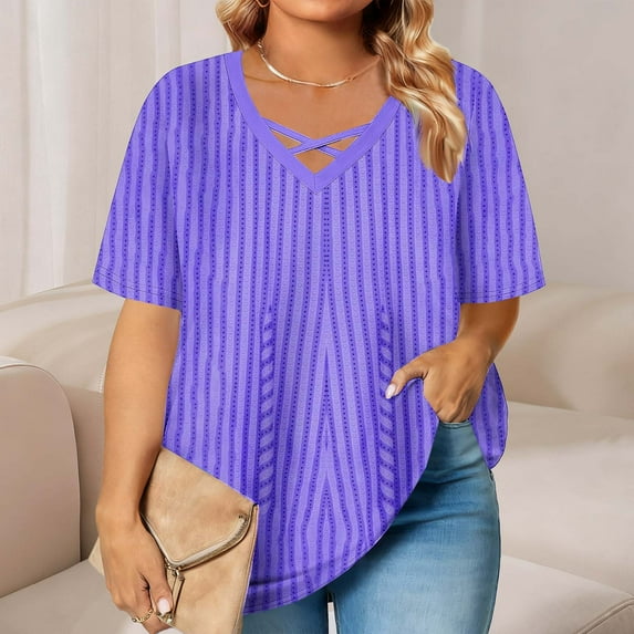 Cutuoiiu Plus Size Shirts for Women Summer Short Sleeve V-Neck Casual ...