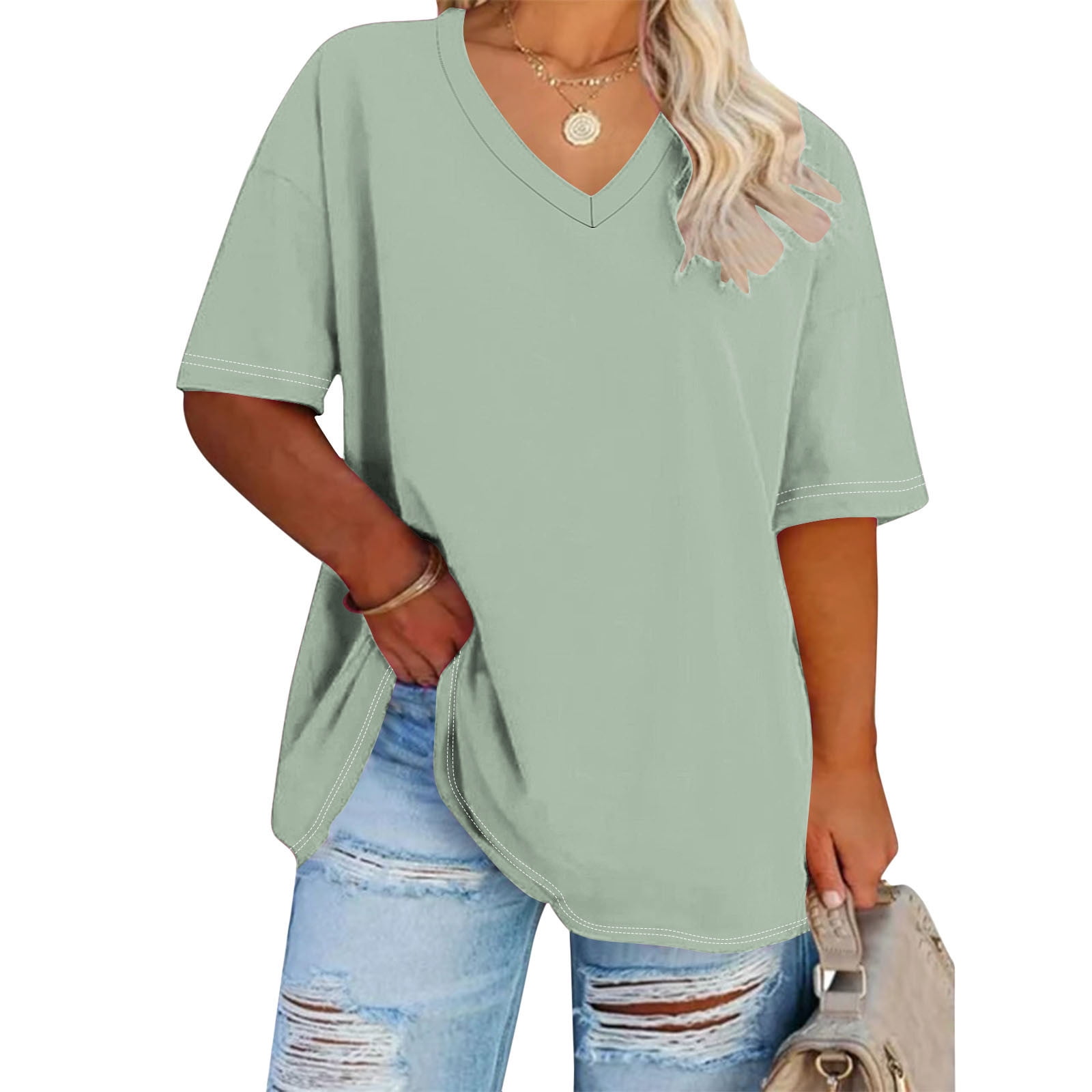 Cutuoiiu Plus Size Shirts for Women Summer V Neck Solid Color Oversized ...