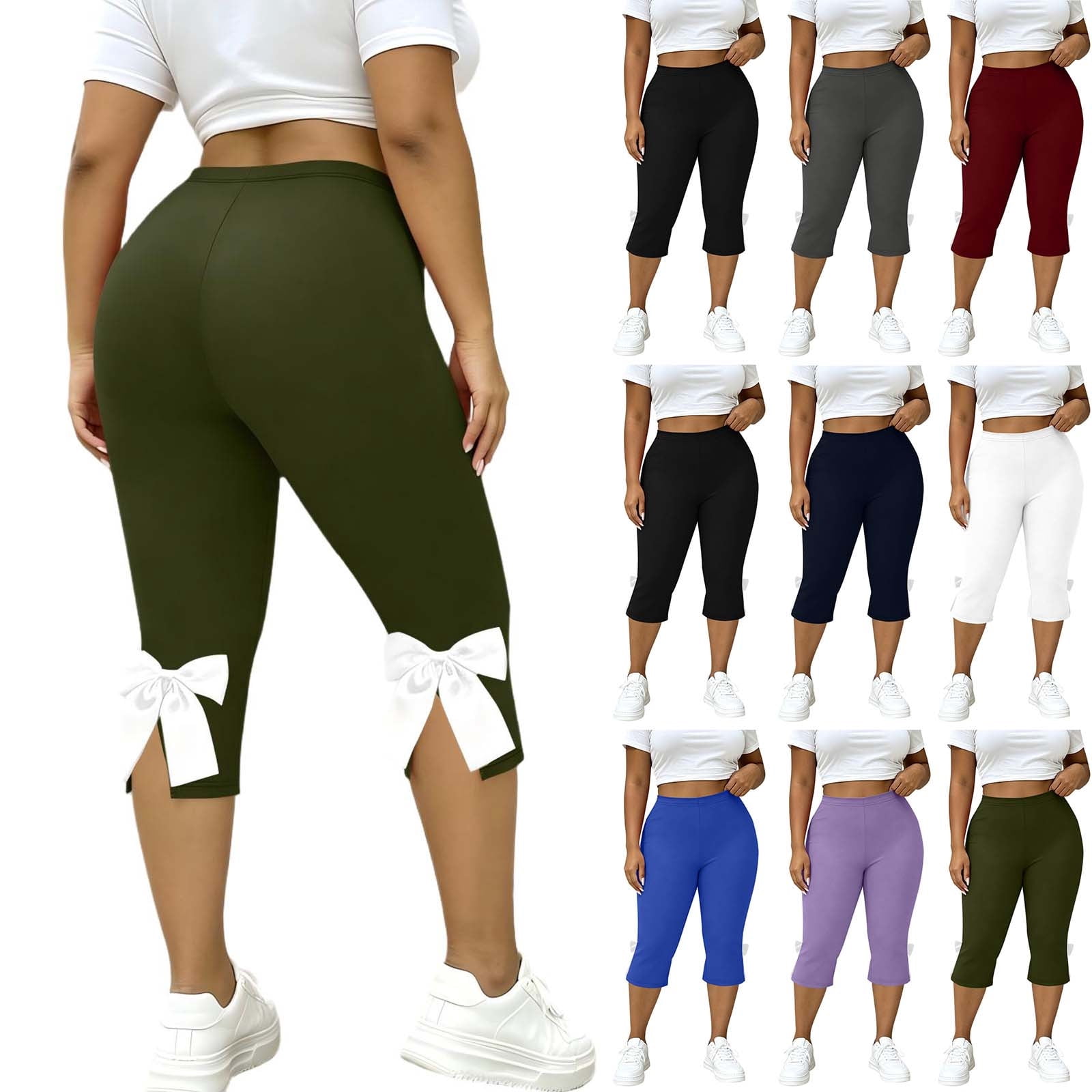 Cutuoiiu Plus Size Women Knee Length Capri Leggings, Solid Color High ...